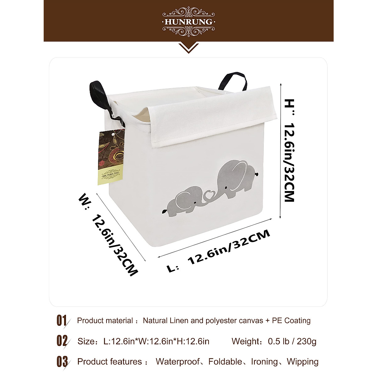 HUNRUNG Storage Boxes with Lids Rectangle/Square Storage Bins，Storage Basket Cute Canvas Organizer Bin for Pet/Children Toys, Books, Clothes Perfect for Rooms（Square-Love-Elephant-with lid）