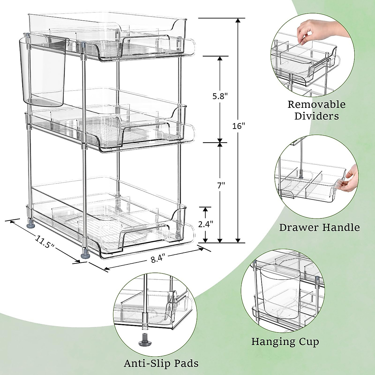 REALINN 3 Tier Clear Organizer with Dividers for Counter/Cabinet, Pull-Out Storage Container - Bathroom, Vanity Makeup, Kitchen, Pantry Organizer