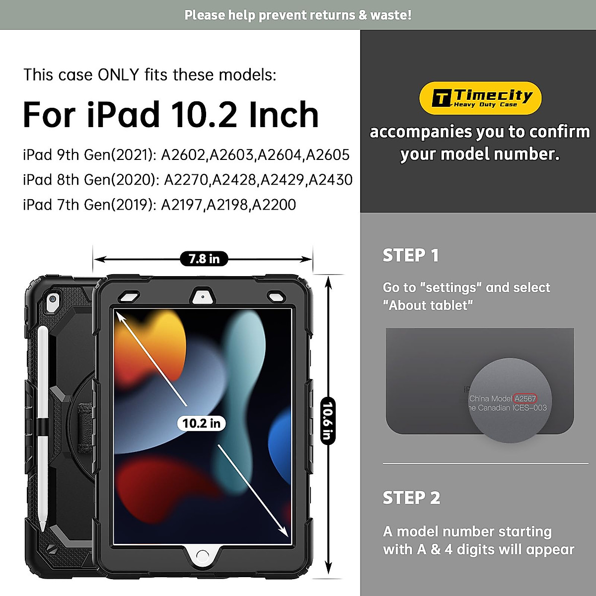 Timecity Case for iPad 9th/ 8th/ 7th Generation 10.2 inch - Heavy Duty Protective Cover with Screen Protector, Rotating Stand, Shoulder Strap & Pencil Holder | Kids-Friendly (Black)