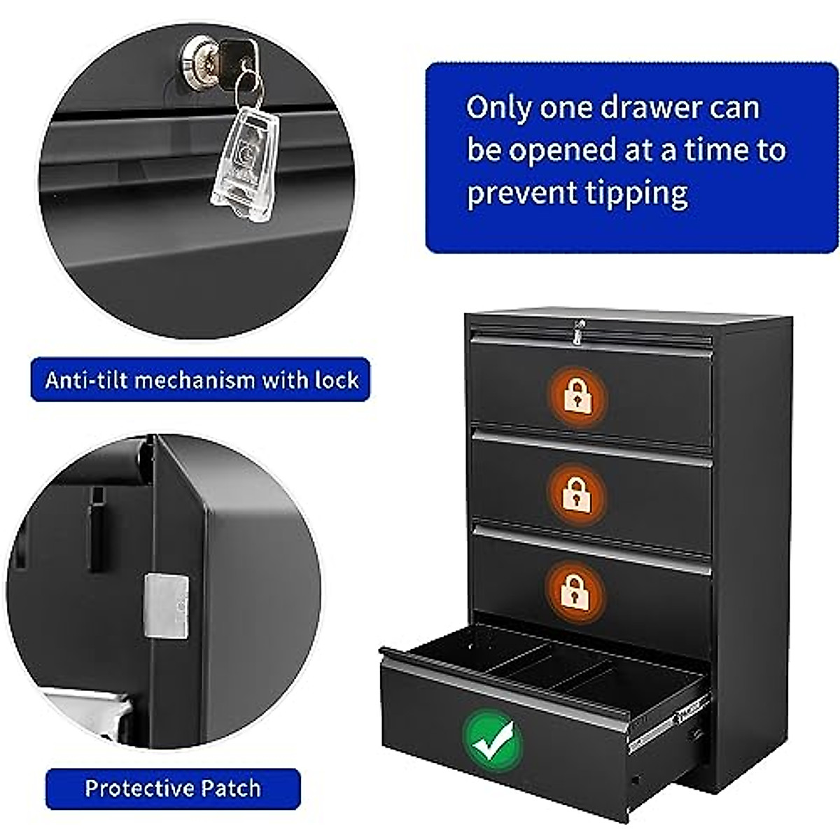 LVSTEEL Lateral File Cabinet with Lock,4 Drawer Stainless Metal Lateral Filing Cabinets, Home Office Storage Cabinets for Organization, Hanging Letter/Legal/A4,Anti-tilt Structure, Black