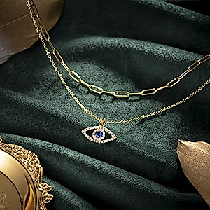 PPJew Layered Evil Eye Necklace 18K Gold Plated Blue Third Eye Layering Chocker Necklace Protection Mal De Ojo Nazar Amulet Jewelry Gift for Women Mother（Gold）