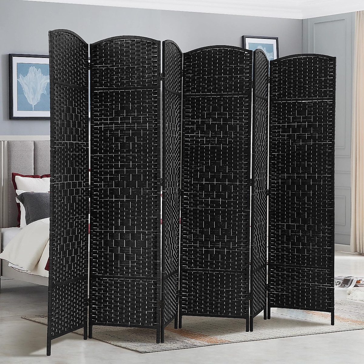 6 Panel Room Divider Folding Privacy Screens 6 FT Tall Wall Divider Indoor Portable Partition Wood Room Screen, Black
