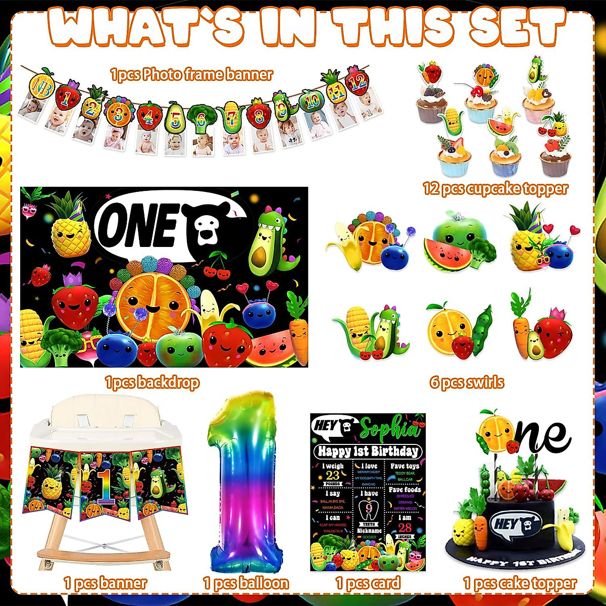 Generic 124pcs Fruit 1st Birthday Decorations, Dancing Fruit 1st Birthday Decorations Fruit Party Decorations Swirls Banner cupcake topper Backdrop Fruit Balloons Arch Set for Baby