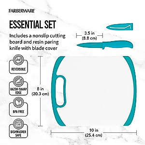 Farberware 2-Piece Paring Knife and Cutting Board Set, 3.5-Inch Paring Knife with Resin Coating and Custom-Fit Blade Cover and Non-Slip Plastic Chopping Board, Dishwasher-Safe Set, White/Blue