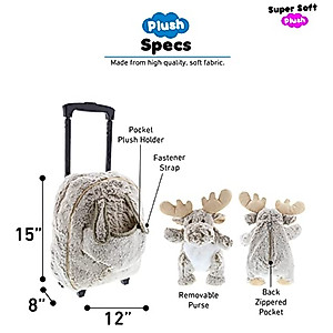 DolliBu Moose Plush Trolley & Purse Set - 3-in-1 Kids Trolley, Backpack, & Brown Moose Purse, Soft Plush Backpack on Wheels, Rolling Bag with Removable Plush Toy Purse - 15"