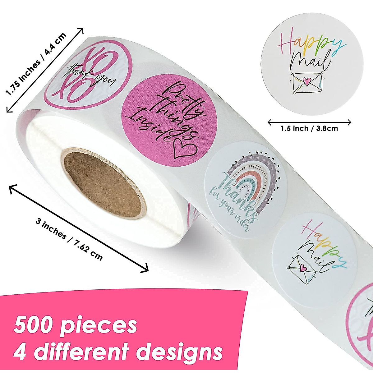 Assorted Cute Packaging Stickers - Roll of 500 - Four Fun Designs - 1.5" Round Glossy Sealers for Small Business - Happy Mail - Thank You for Your Business/Pretty Things Inside