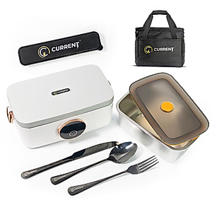 CURRENT Heated Electric Lunch Box, 60w 1L Capacity - Cordless Portable Lunch Box for Office, Car, and Outdoor Use - 158°F Heat, BPA Free Heated Lunch Box - Includes Insulated Bag and Black Cutlery Set