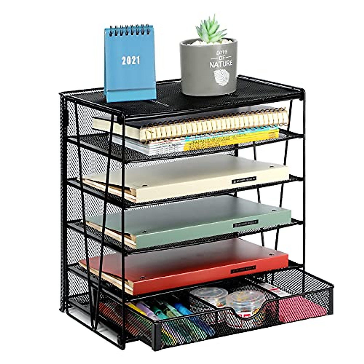 Samstar Letter Tray Organizer, 5-Tier Desk File Organizer Paper Sorter Letter Shelf Rack with Sliding Drawer, Black