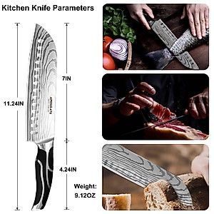 Santoku Knife Ultra Sharp Kitchen Chef Knife Set, Professional Japanese Knife Made of German High Carbon Steel ,7-Inch chopping Knife with Finger Guard, Ergonomic Handle, Comes with Gift Box (2PCS)