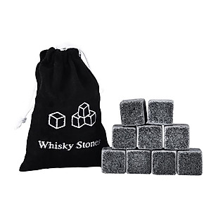 Pack of 9 Whiskey Stones Gift Set Reusable Ice Cube Whiskey Rocks with Wooden Gift Box and Storage Carrying Pouch (Gray)