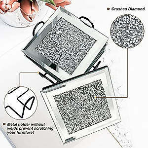 6 Sets Glass Mirrored Drink Coasters with Holder, DILIBRA Modern Bling Bling Crystal Cup Coasters for Dirnk, 4x4 Inches Crushed Diamond Glass Plates - Avoid Furniture Being Scratched and Soiled