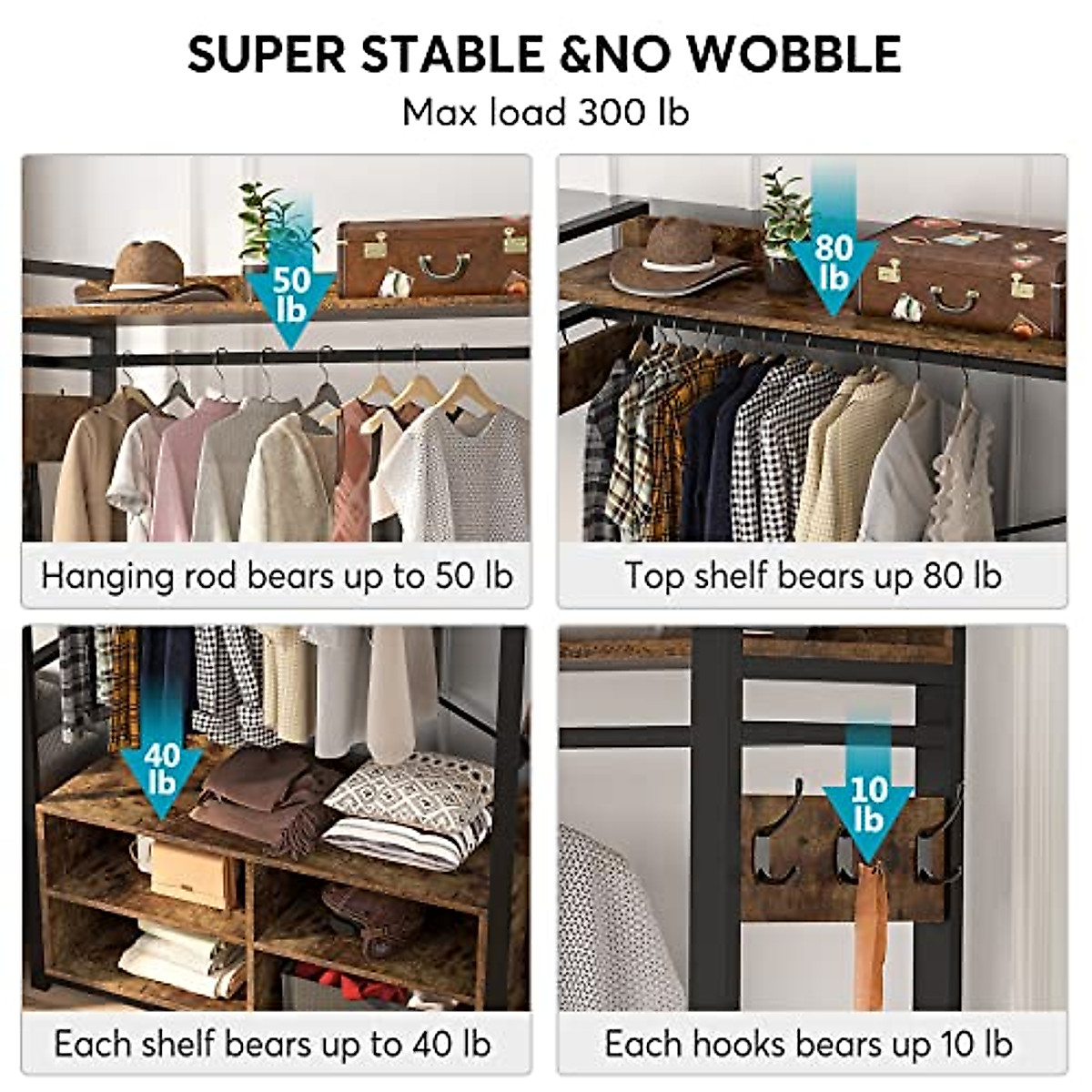 Tribesigns Free-standing Closet Clothing Rack, Metal Closet Organizer System with Shelves and Hooks, Heavy Duty Clothes Garment Rack Shelving for Bedroom , Laundry, Mushroom, Walk-in Closet (RUSTIC)