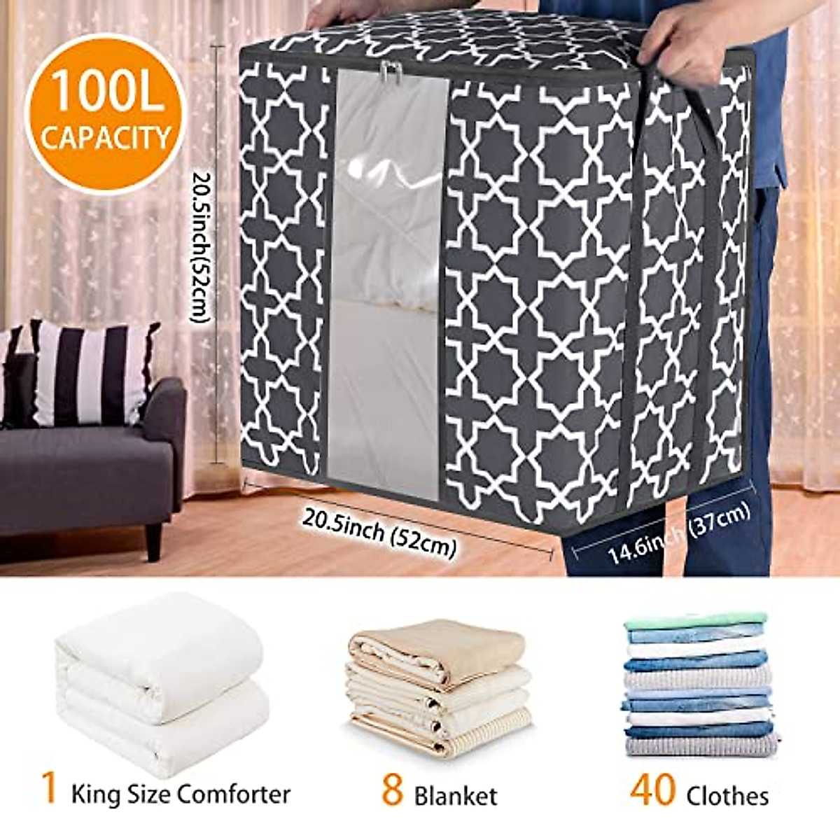 PFFVRP Storage Bags 100L 6-Pack, Blanket Clothes Organization with Reinforced Handle and Clear Window, Foldable with Sturdy Zipper, Large Capacity Comforter Storage Bag(Black)