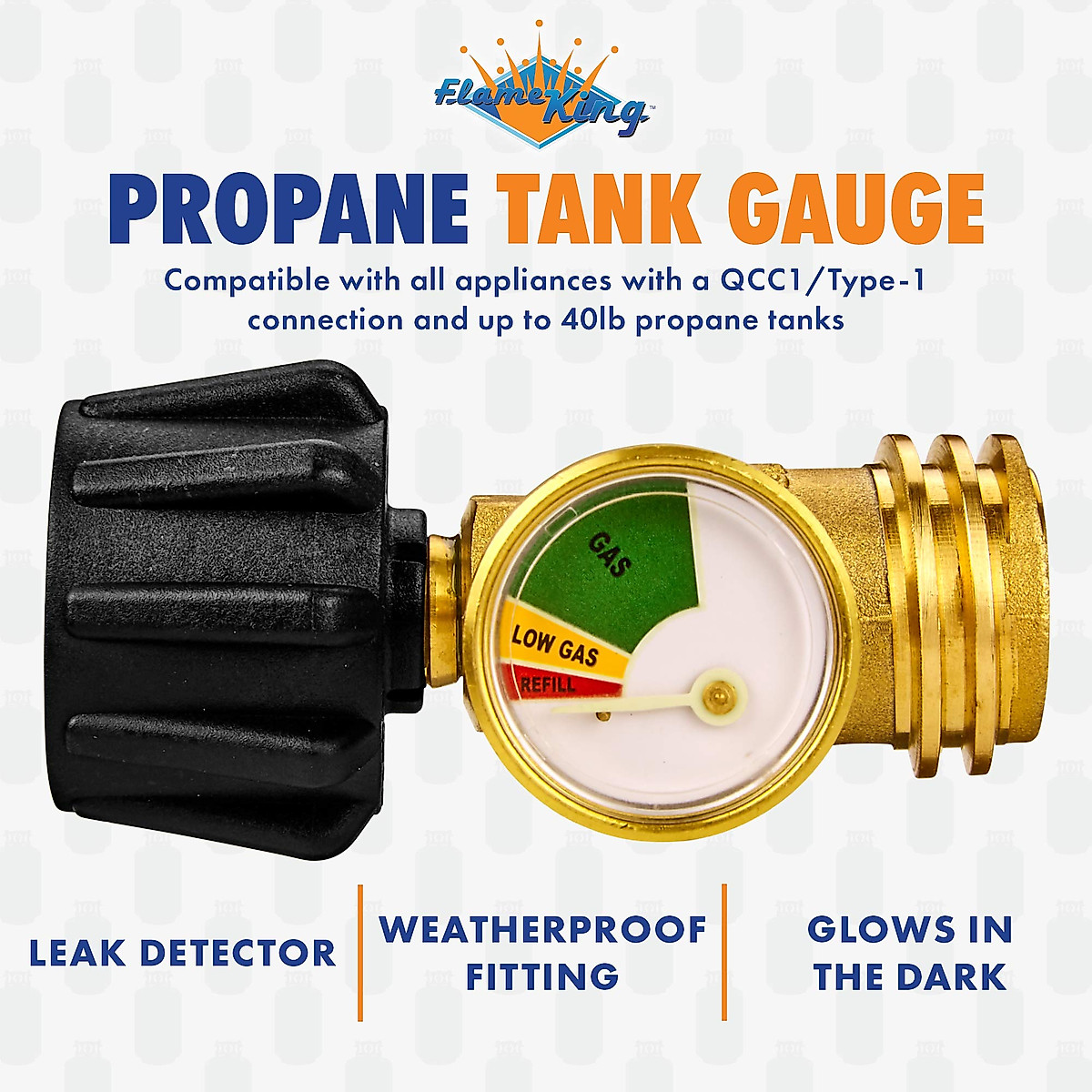 Flame King Propane Tank Gauge Level Indicator, Leak Detector Gas Pressure Meter, Color Coded & Glows in The Dark, Universal for All Cylinders, Solid Brass (2-Pack)