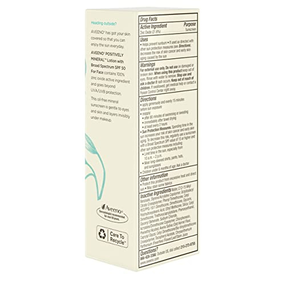 Aveeno Positively Mineral Sensitive Skin Daily Sunscreen Lotion for Face, Broad Spectrum SPF 50 with 100% Zinc Oxide, Lightweight & Non-Comedogenic Facial Sunscreen, Travel-Size, 2 fl. oz