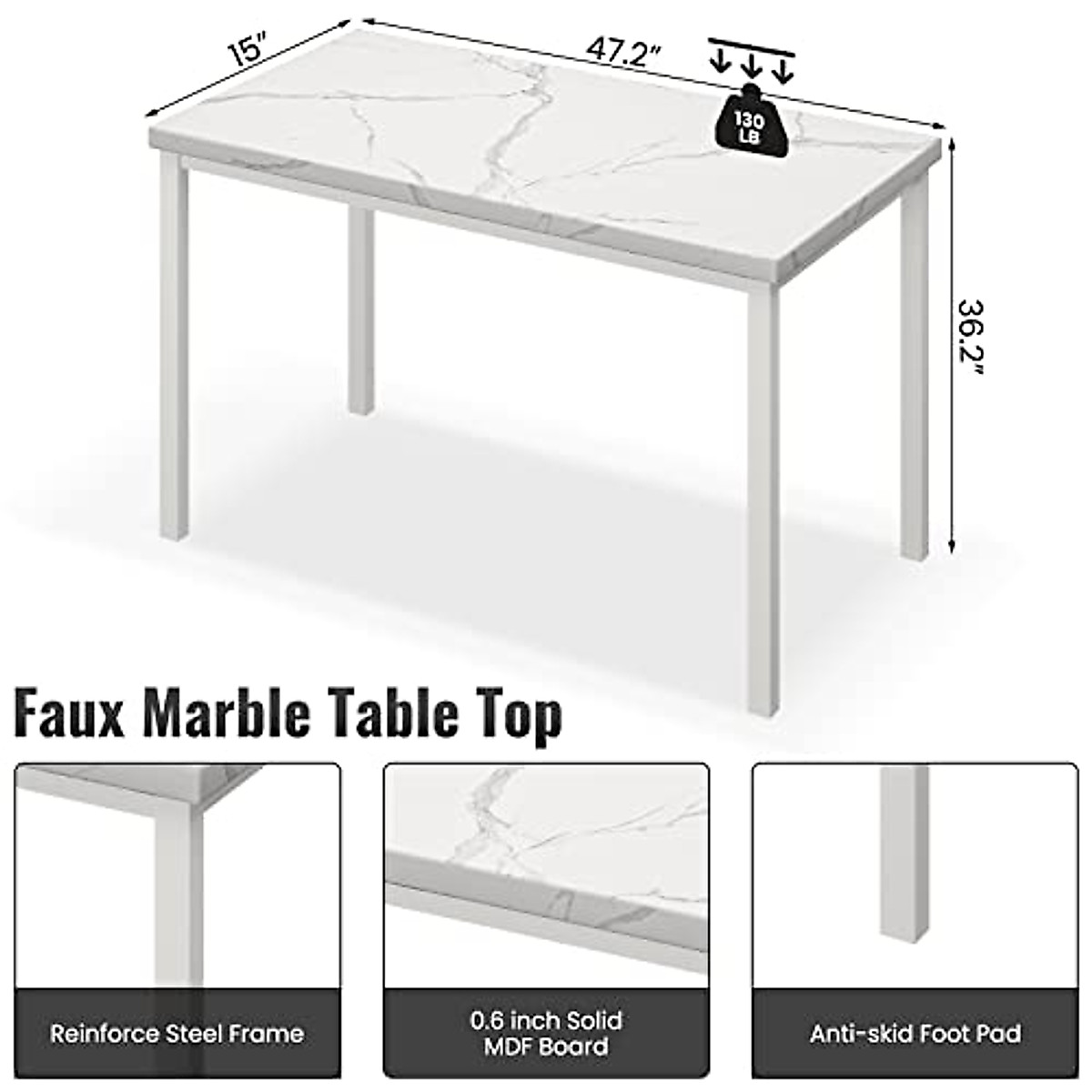 tantohom Faux Marble Dining Table Set, Compact Kitchen Table and Chairs for 4, 5 Pieces Dining Room Table Set with 4 Leather Upholstery Chairs for Small Space, Living Room, Breakfast Nook, All White