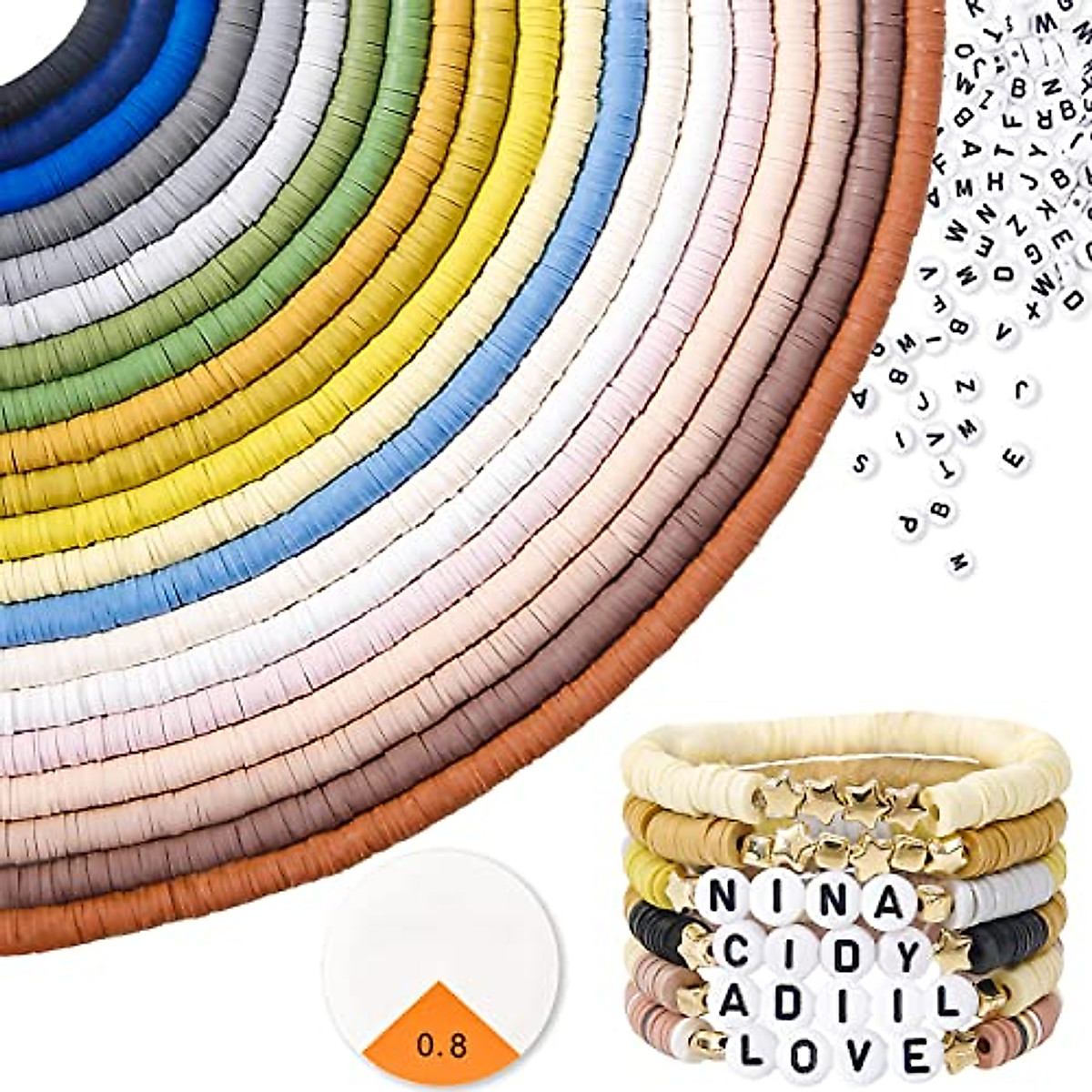 Clay Beads 7200 Pcs Bracelet Making Kit, 20 Neutral Colors 6mm Flat Polymer Clay Beads Kit for Bracelets Jewelry Making, Disc Heishi Beads Set with Letter Beads DIY Craft Gift for Adults Girls Kids
