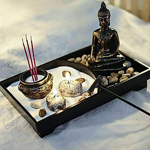 Royal Brands Zen Garden with Buddha, Rake, Rock Candle, and Incense Holder – Peace and Tranquility (9"x6"x7")