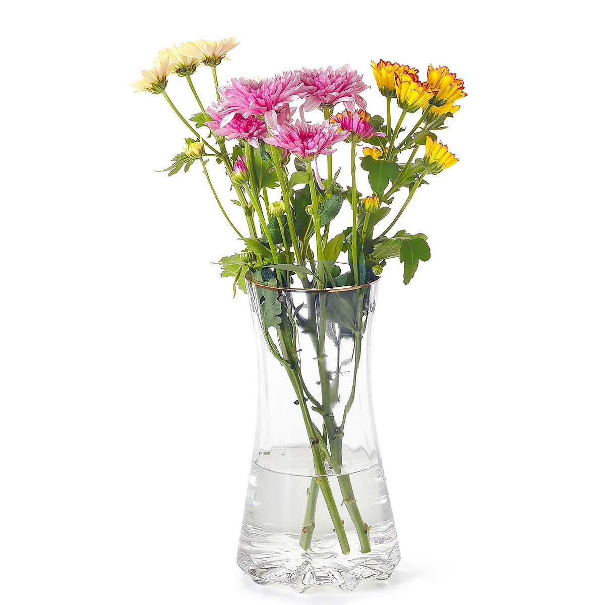 Moreast Glass Flower Vase for Home Office Decor, Crystal Clear Vase with Gold Rim and Ribbed Texture for Flower Arrangement, Spring Garden Vase 9" Tall