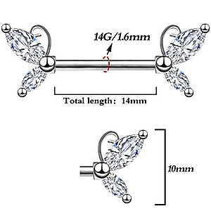 CHARM ONLINE 2PCS 14G 316L Stainless Steel Clear (Butterfly CZ Nipple Rings Barbell Crystal Nipple Piercings Jewelry for Women)