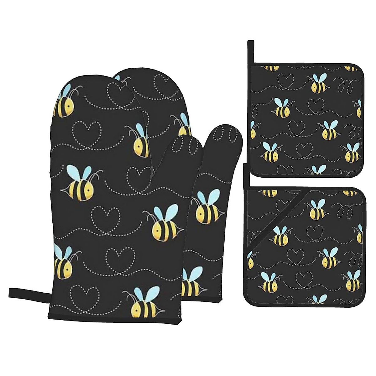 4Pcs Oven Mitts and Pot Holders Sets,Bumble Bees,Kitchen Oven Glove High Heat Resistant 500 Degree Oven Mitts and Pot Holder,Surface Safe for Baking,Cooking,BBQ