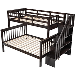 CITYLIGHT Bunk Beds Twin Over Full Size with Stairs, Wooden Bunk Beds with Storage Open Shelves, Stairway Bunk Bed Convertible to 2 Separated Beds,Kids Bunk Beds for Bedroom, Dorm,Espresso