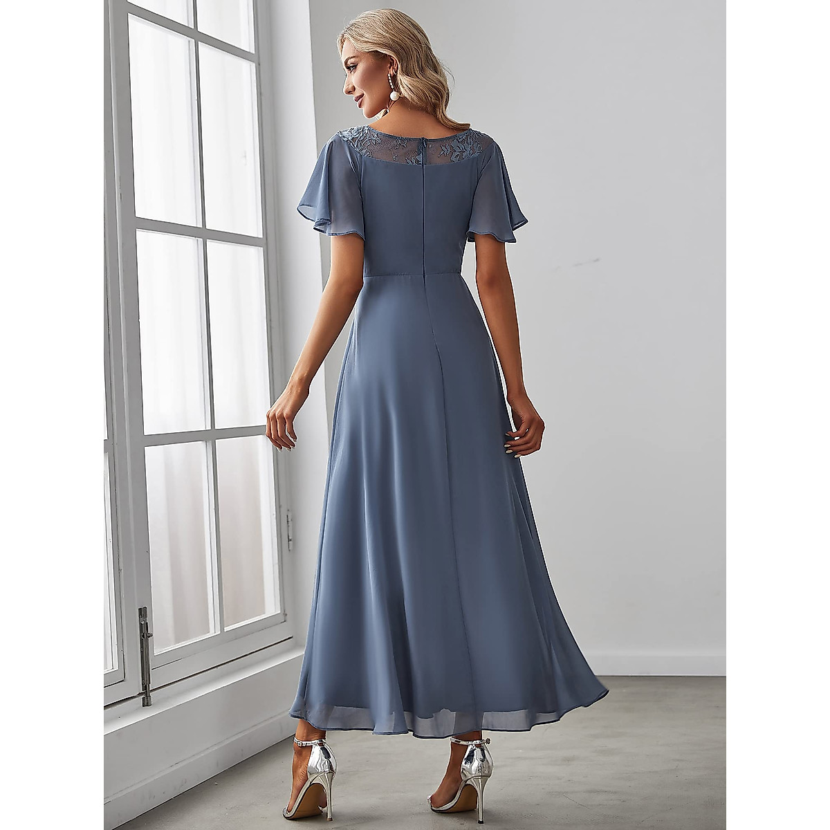 Ever-Pretty Women's Ruffles Sleeve High Low Lace Beaded Chiffon Midi Bridesmaid Gowns Wedding Guest Dress Dusty Blue US14