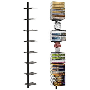 DuvinDD 8-Tier Floating Tree Bookshelf for Wall Mounted, Industrial Metal Vertical Spine Book Tower, Hanging Bookshelf Home Office Book Storage Shelves for Wall, 4 Pack