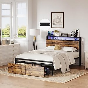 ROOMTEC Full Size LED Bed Frame with Headboard and Charging Station, Metal Platform Bed Frame with 2 Storage Drawers and RGB Light, No Box Spring Needed, Noise-Free, Easy Assembly, Vintage Brown