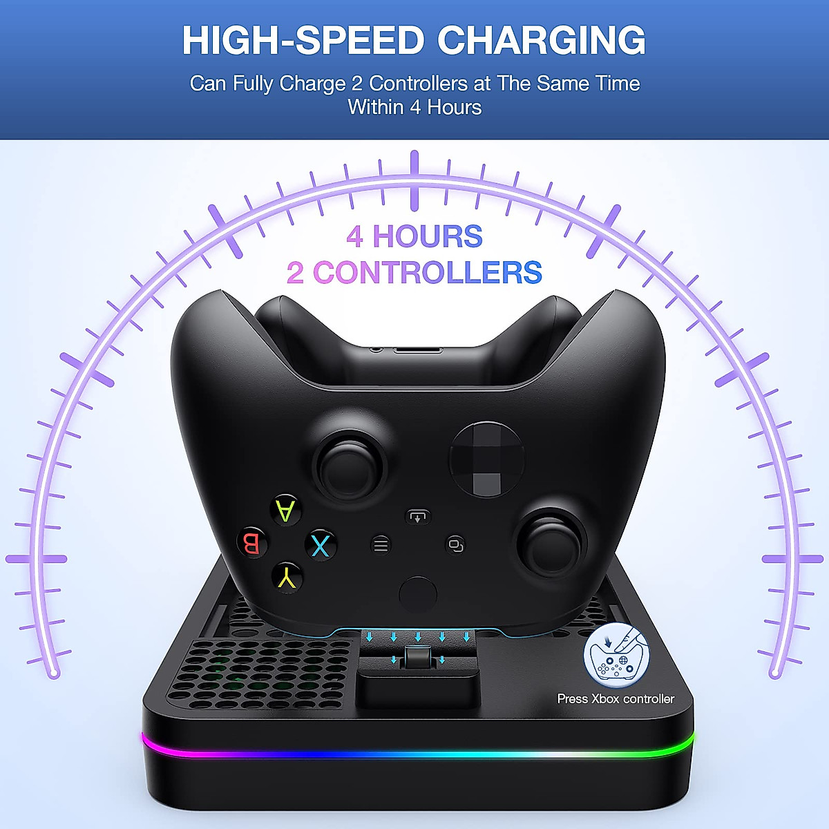 Vertical Charging Stand for Xbox Series X/S with Cooling Fan, Fast Charging Station with 2 X 1100 mAh Rechargeable Battery, Dual Controller Charger Station Accessories with 3 USB Ports&2 Headset Stand