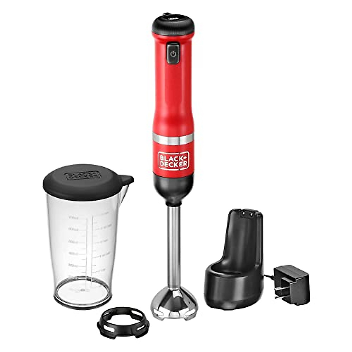 BLACK+DECKER Kitchen Wand Immersion Blender Handheld, With Charging Dock, Mixing Cup, Cordless, Red (BCKM1011K06)
