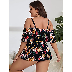 SOLY HUX Plus Size 2 Piece Tankini Floral Print Swimsuit Ruffle Trim Bikini Set Tummy Control Bottom Bathing Suit