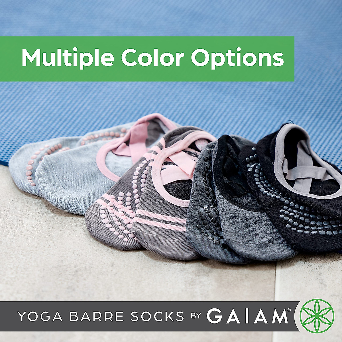 Gaiam Yoga Barre Socks - Grippy Non Slip Sticky Toe Grip Accessories for Women & Men - Pure Barre, Hot Yoga, Pilates, Ballet, Dance, Home - Indigo