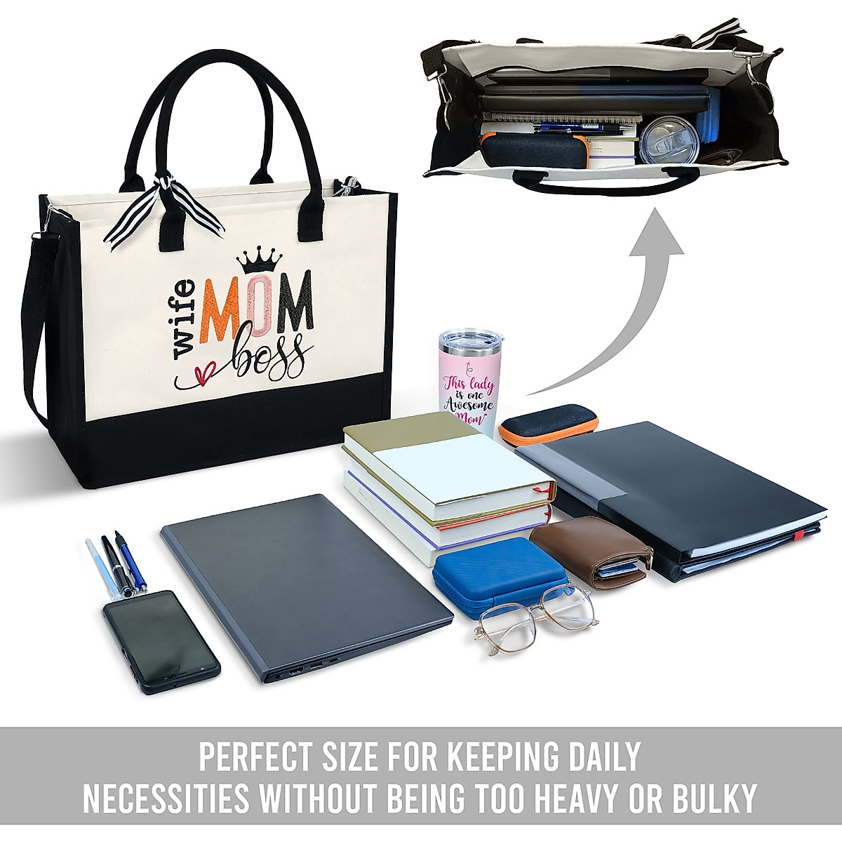 OASSIE Gifts For Mom, Women - Christmas, Mothers Day, Birthday, Valentines Day Gifts For Wife, Presents For Mom, Bonus Mom, Stepmom, New Mom Gifts - 13oz Canvas Tote Bag With Zipper For Women