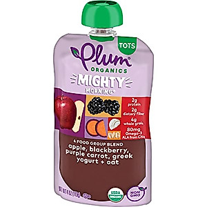 Plum Organics Baby Food Pouch | Mighty 4 Blends | Apple, Blackberry, Purple Carrot, Greek Yogurt & Oat | 4 Ounce | 12 Pack | Organic Food Squeeze for Babies, Kids, Toddlers