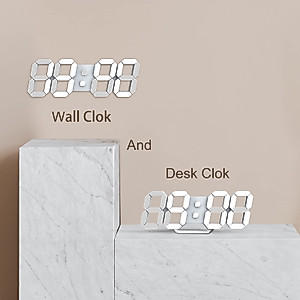 Led Digital Alarm, 3D Wall Clock Desk Auto Dimming 12/24 Hour Date Temperature Home Decor Remote Control Silent Snooze USB Nightlight Bedroom Living Room Kitchen Office 9.7inch Cool White