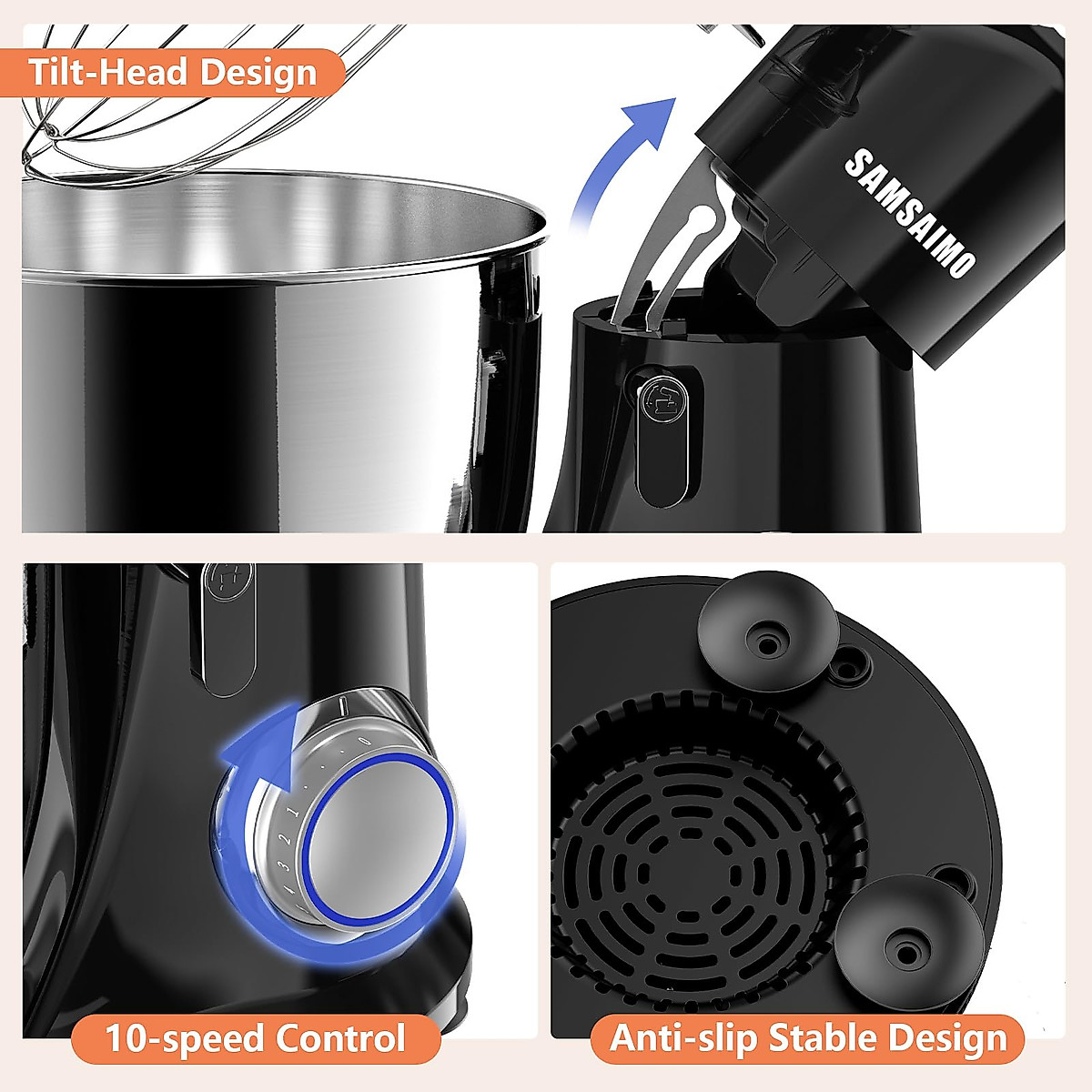 SAMSAIMO 3-IN-1 Electric Stand Mixer, 660W 10-Speed With Pulse Button, Attachments include 6.5QT Bowl, Dough Hook, Beater, Whisk for Most Home Cooks, Onyx Black, 13.7x12.6x8.3, 1533P
