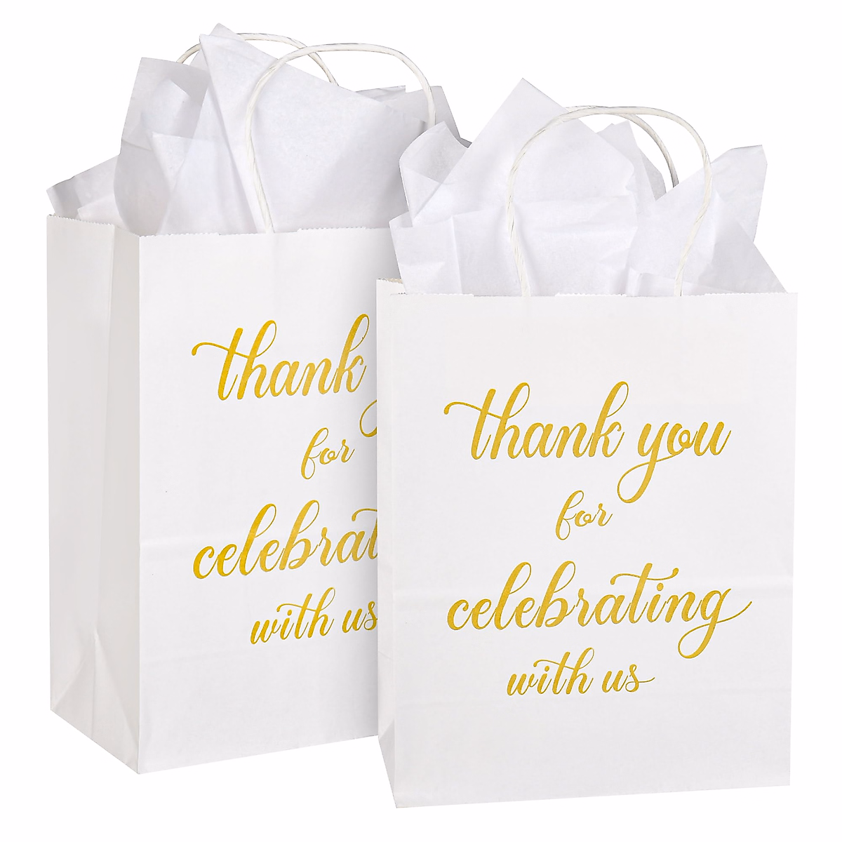 DjinnGlory 50 Pack Medium Sized White Paper Gift Bags with Tissue Paper 10x8x4 Inch, Thank You for Celebrating with Us Bags with Handles for Wedding Welcome Bridal Shower Party Favors Goodies