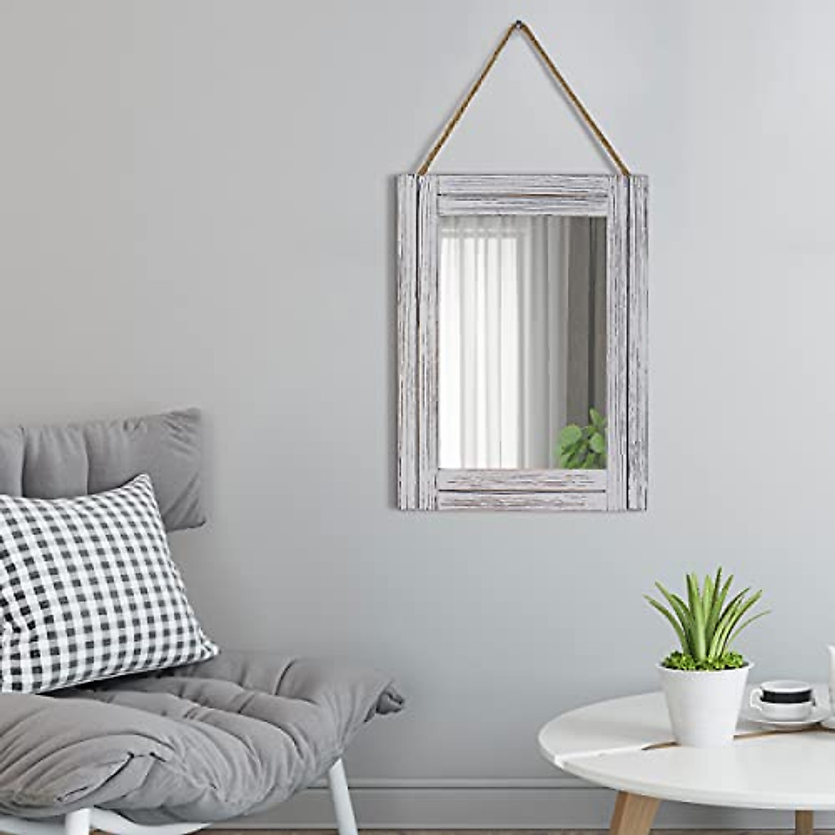 EMAISON 12 x 16 in Wall Decorative Mirror, Rustic Wood Frame Rectangular Mirror with Hanging Rope for Entryway, Bedroom, Guest Bathroom, Living Room, Bedroom - Grey