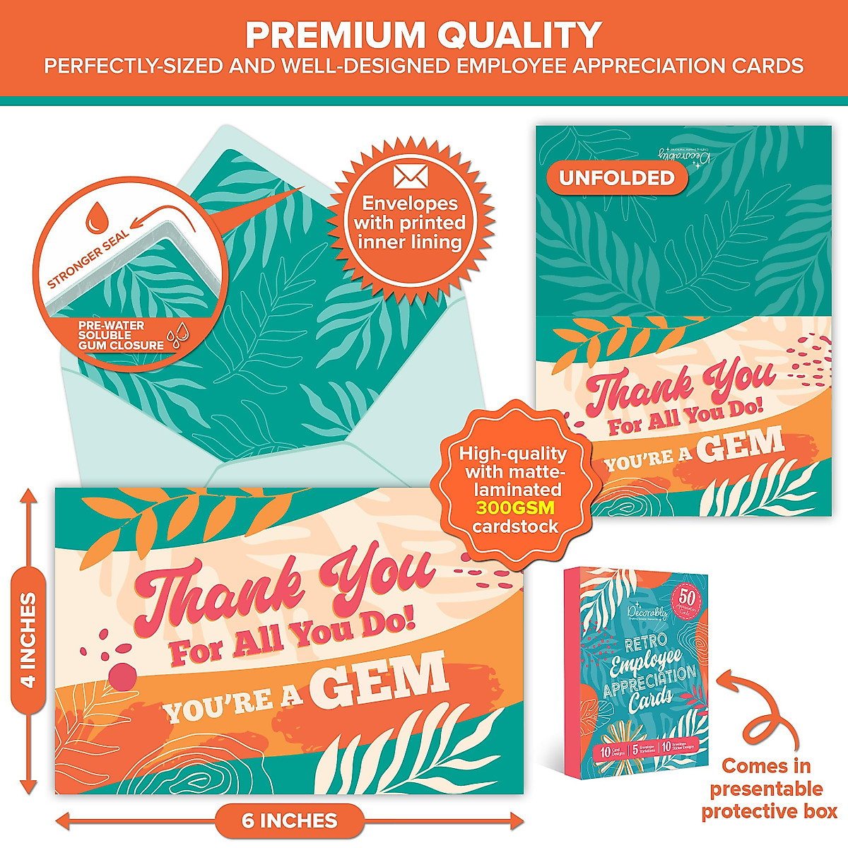 Decorably 50 Pack Employee Appreciation Cards with Envelopes & Stickers, 10 Designs Blank Inside Staff Appreciation Cards, 6x4in Employee Thank You Cards for Employees Appreciation Cards for Coworkers