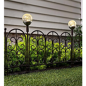 Plow & Hearth Montebello Decorative Metal Garden Edging with Crackle Glass Solar Lights, Outdoor Lighting Solutions, Six 18" L x 18" H Sections and Two 6" L x 18" H Sections