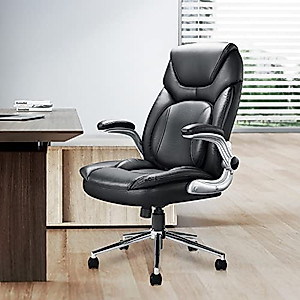 HUANUO Leather Office Chair, Executive Computer Desk Chair, Executive Office Chair with Adjustable Flip-up Arms, Leather Desk Chair with Lumbar Support