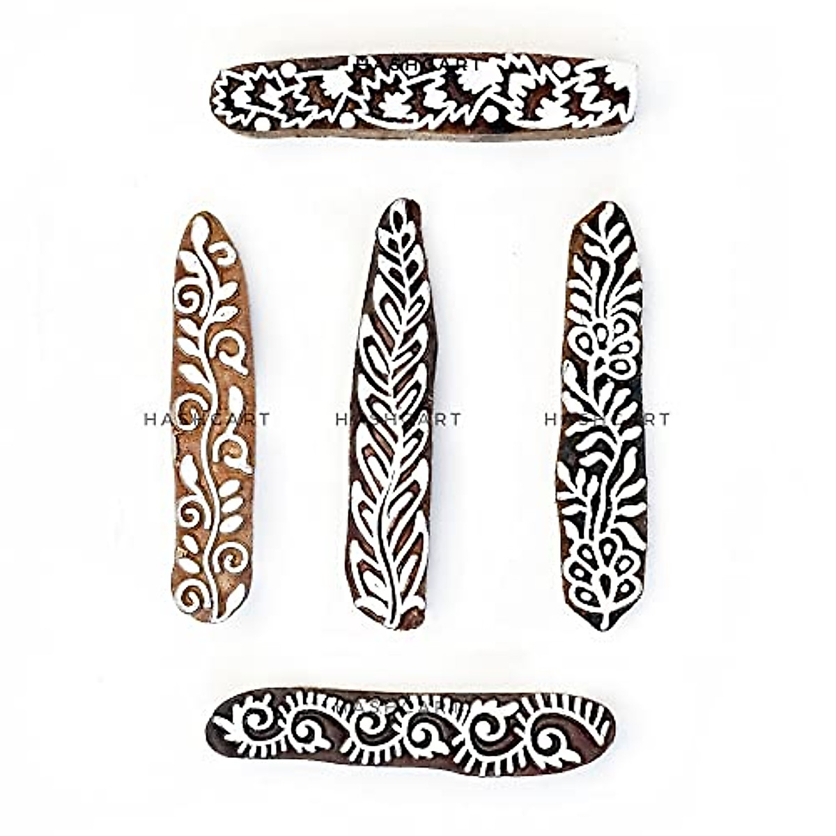 HASHCART® Wooden Pottery Stamps for Block Printing - Finger Shapes Stamp Set of 5, Made in India Ink Stamps, Wood Blocks for Crafting on Fabric, Clay & Henna Tattoo, Wood Stamps for Craft