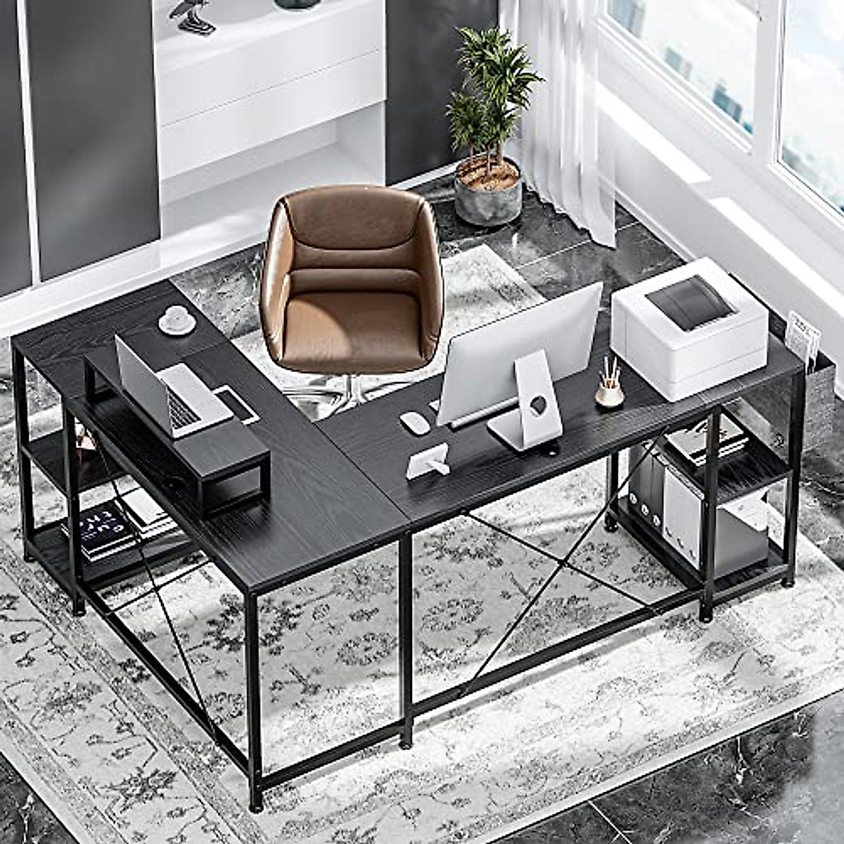 Lulive L Shaped Desk, 95" Reversible Corner Computer Desk with Shelves, Monitor Stand, Storage Bag, Hooks, 2 Person Long Desk for Home Office Writing Study Workstation (Black)