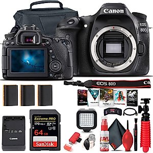 Canon EOS 80D DSLR Camera (Body Only) (1263C004) + 64GB Memory Card + Case + Corel Photo Software + 2 x LPE6 Battery + Card Reader + LED Light + Flex Tripod + HDMI Cable + More (Renewed)