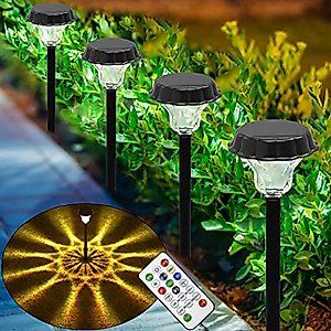 50 Lumen Bright Solar Lights Outdoor Waterproof, W+RGB Solar Outdoor Lights Decorative with Remote Control Button Control Solar Garden Lights 4Pack Color Changing Solar Pathway Lights Solar Powered