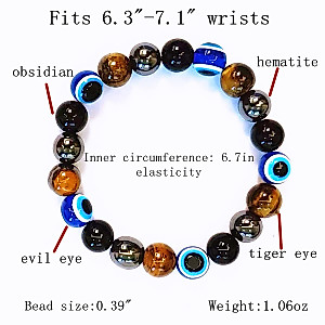 WEFRIN Evil Eye with Hematite Black Obsidian Tiger Eye Stone Triple Protection Bracelets for Men Women, Crystal Jewelry Stone Bracelets Bring Luck and Prosperity and Happiness 10mm Beads