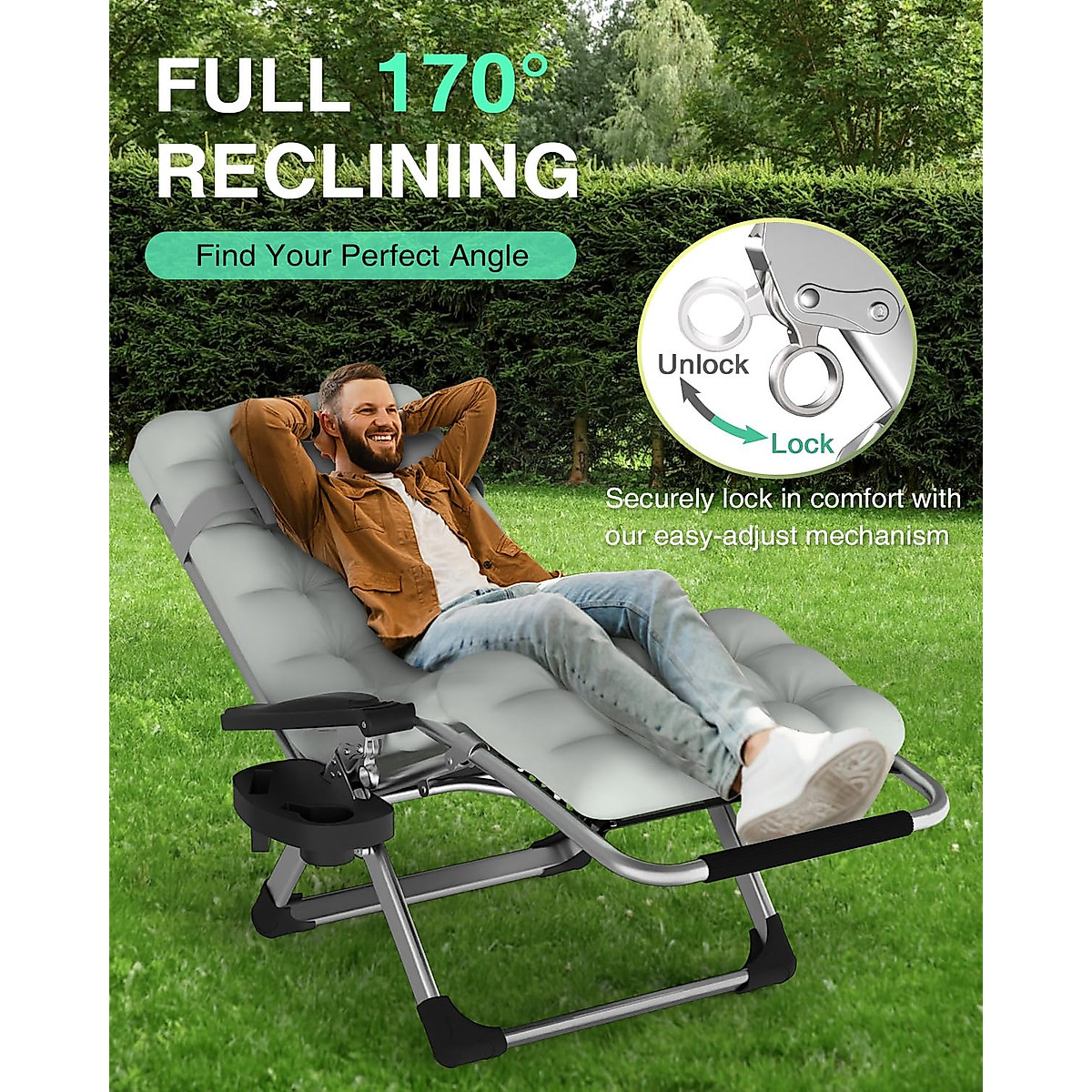 ZENPETIO Zero Gravity Lounge Chair, Outdoor Recliner Chair w/Detachable Cushion Cup Holder and Pillow, Portable Folding Anti Gravity Reclining Chair for Outdoor Camping Patio Lawn Pool, Gray