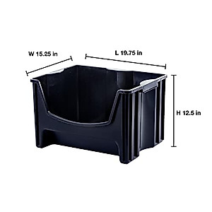 Mighty Tuff Jumbo Stackable Storage Bins, Pack of 3, Easy-Access Storage, Large Easy-To-Grip Handles, Wide Front Opening, Interlocking, Stack Vertically, Black