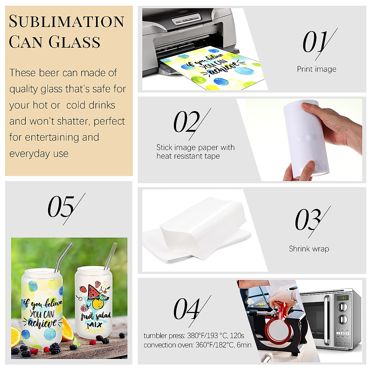 Remerry 8 Pack 16 oz Sublimation Blank Glass Cup with Bamboo Lids and Glass Straws, Heat Transfer Frosted Beer Can Tumbler Mug Cup for Soda Cocktail Juice Coffee Drinks